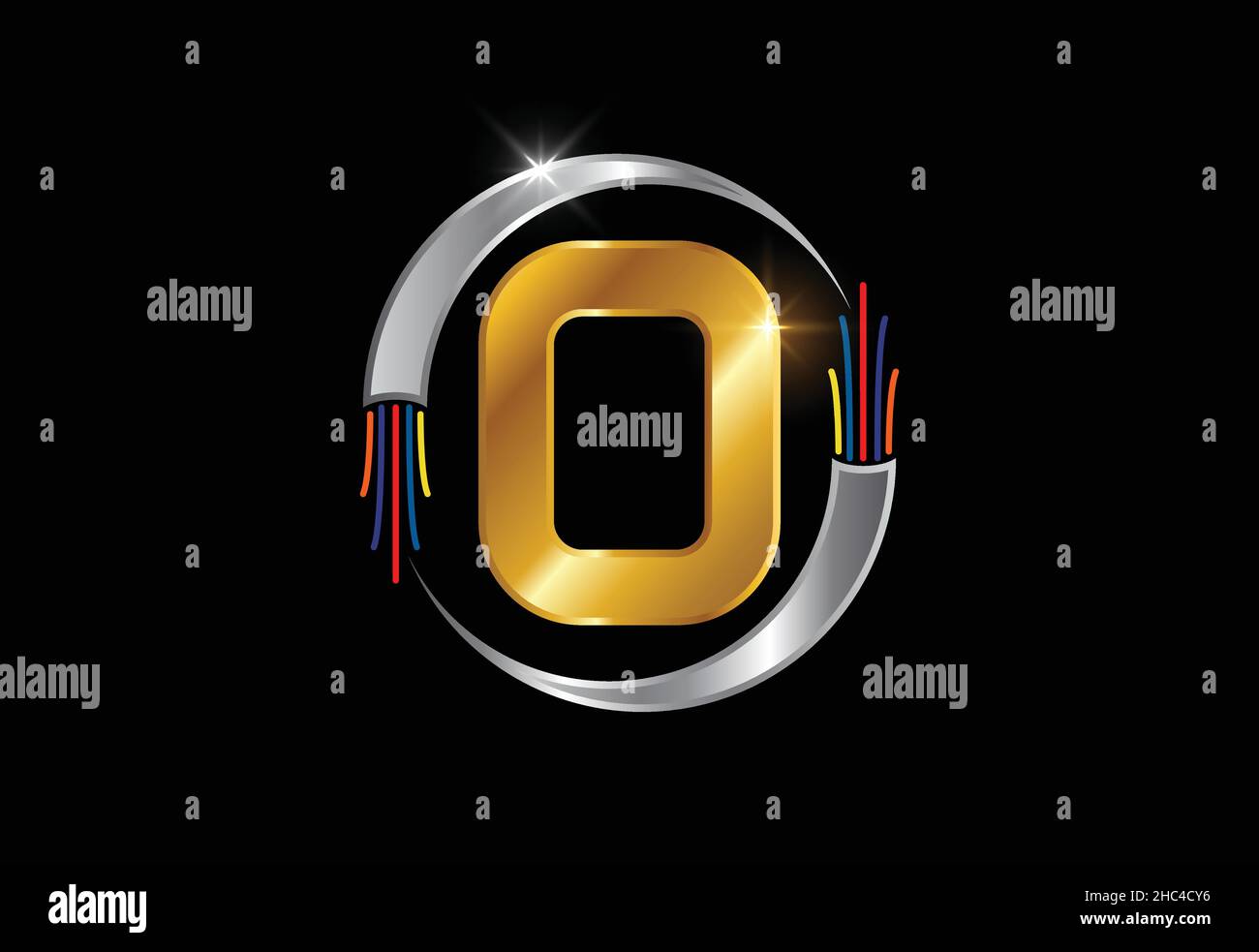 Initial O monogram letter alphabet with electric wire, optical fiber ...
