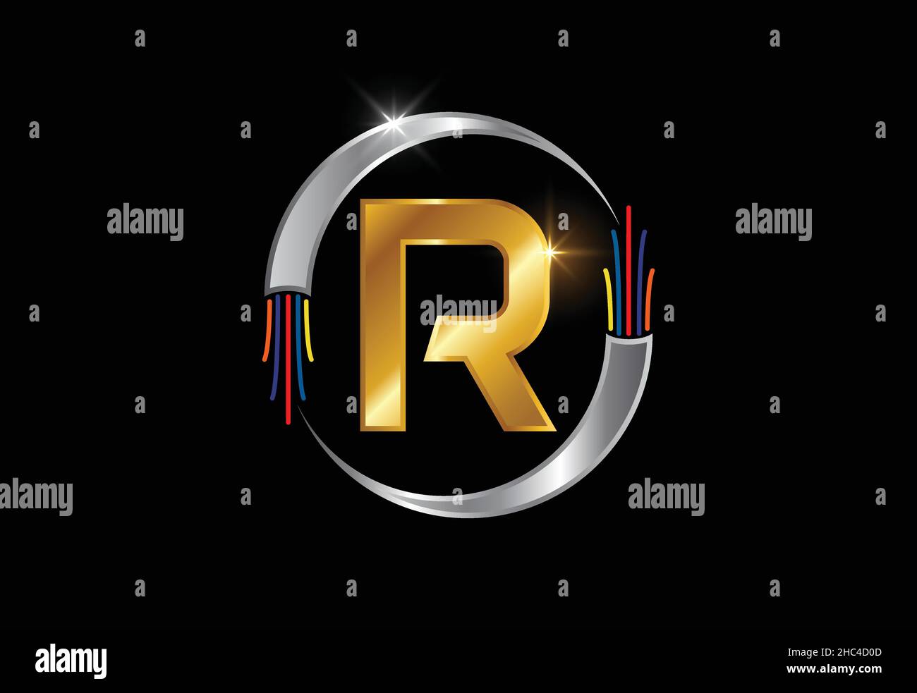 Initial R monogram letter alphabet with electric wire, optical fiber ...