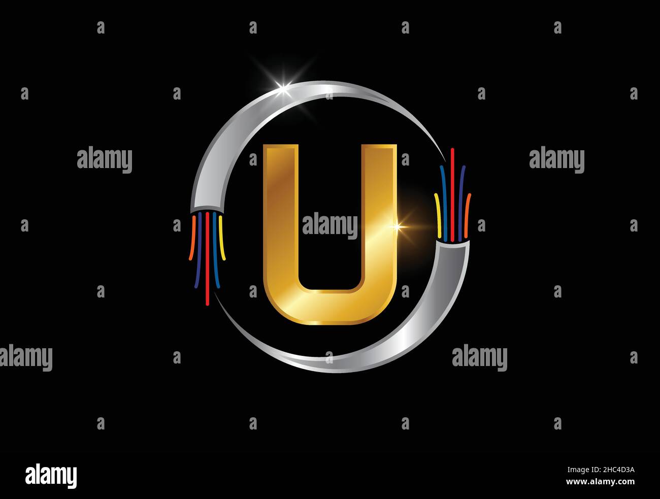 Initial U monogram letter alphabet with electric wire, optical fiber ...