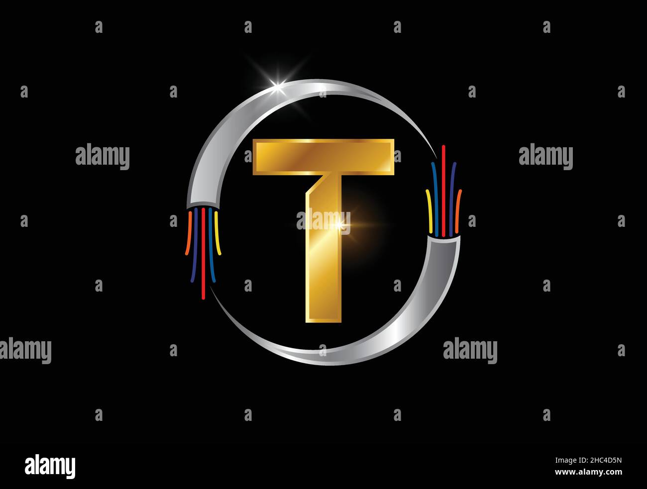 Initial T monogram letter alphabet with electric wire, optical fiber ...