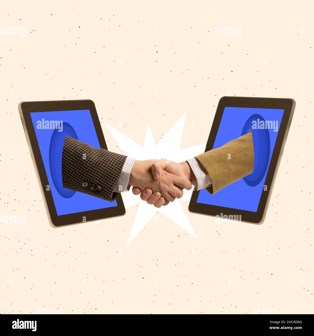 Contemporary art collage. Two male hands sticking out tablet screen and ...