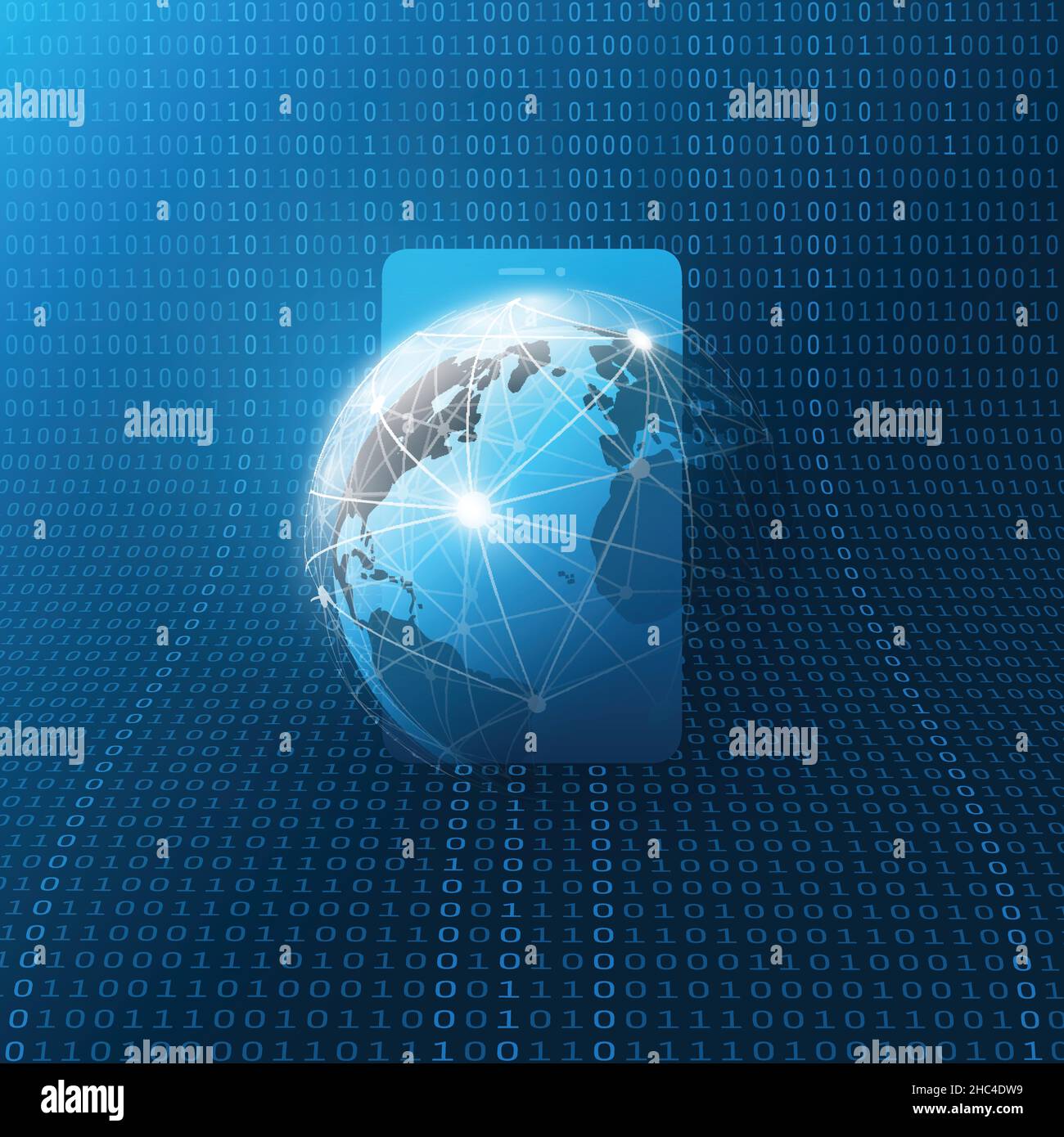 Global Networks Design with Network Mesh, Earth Globe and Smartphone Silhouette on Binary Code ...