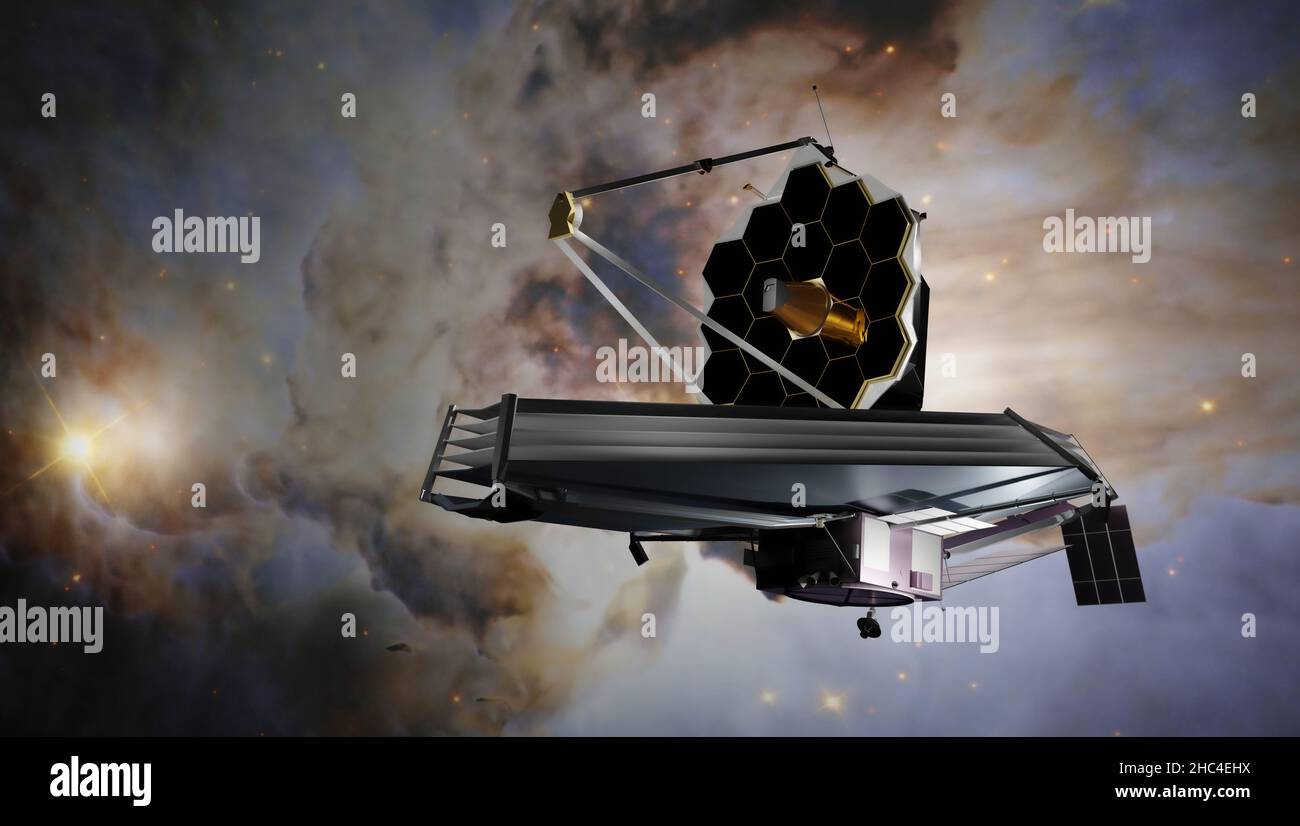 James Webb telescope in outer space on orbit of Earth. Planet surface ...