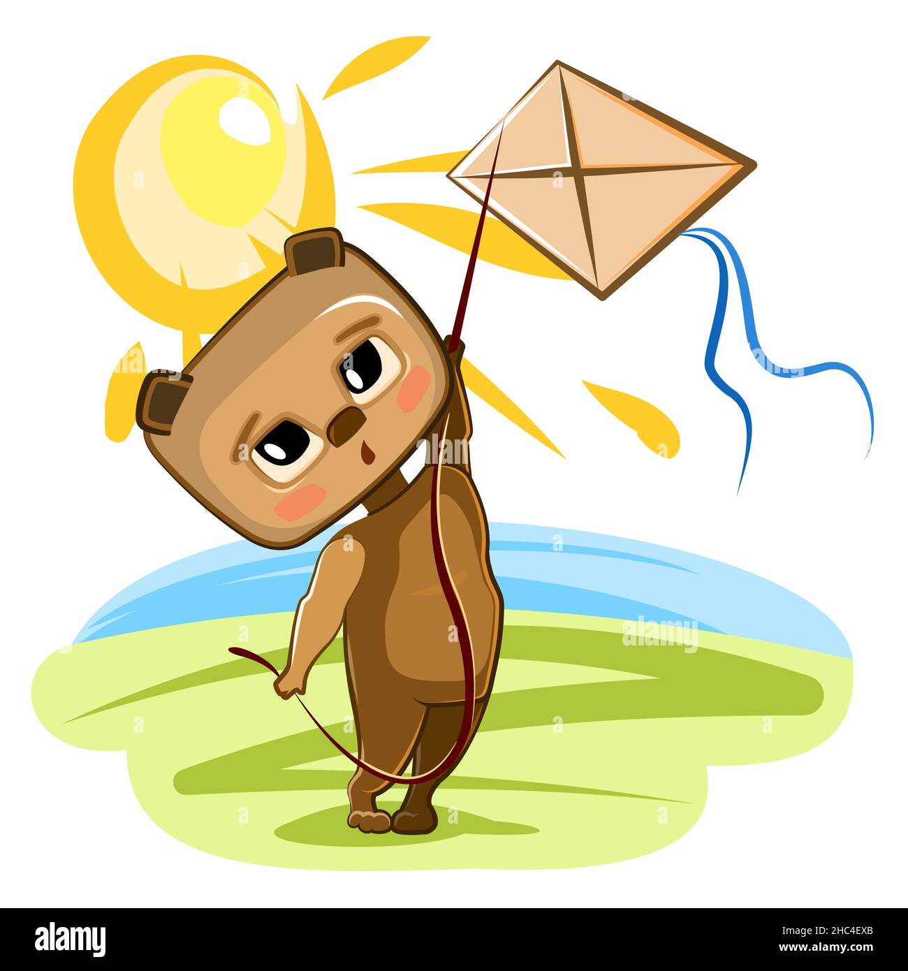 A little Teddy Bear flying a kite. Favorite childhood game. Cartoon ...