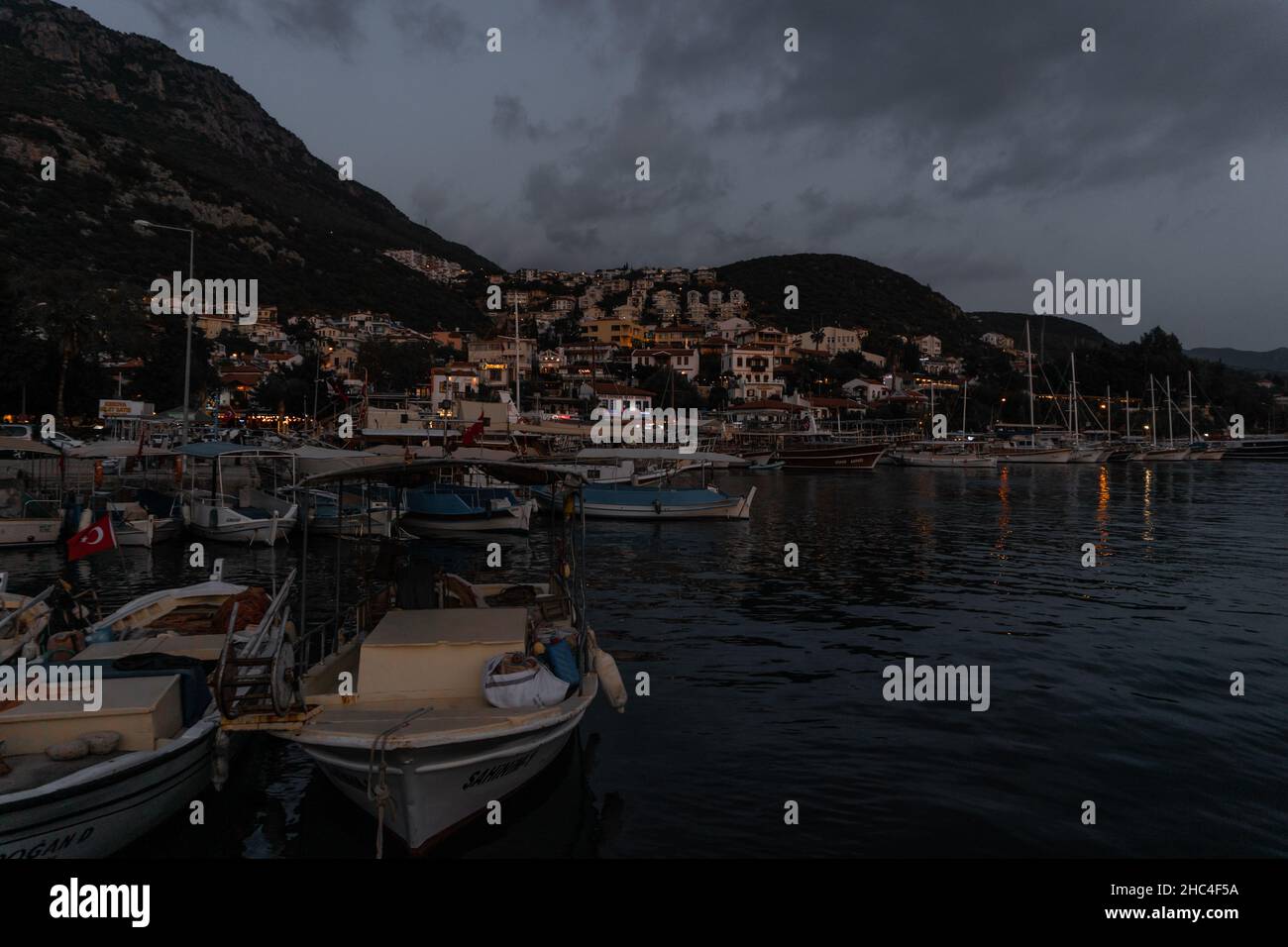 Mediterranean harbor with small sailing boats during dusk, Kas Turkey ...