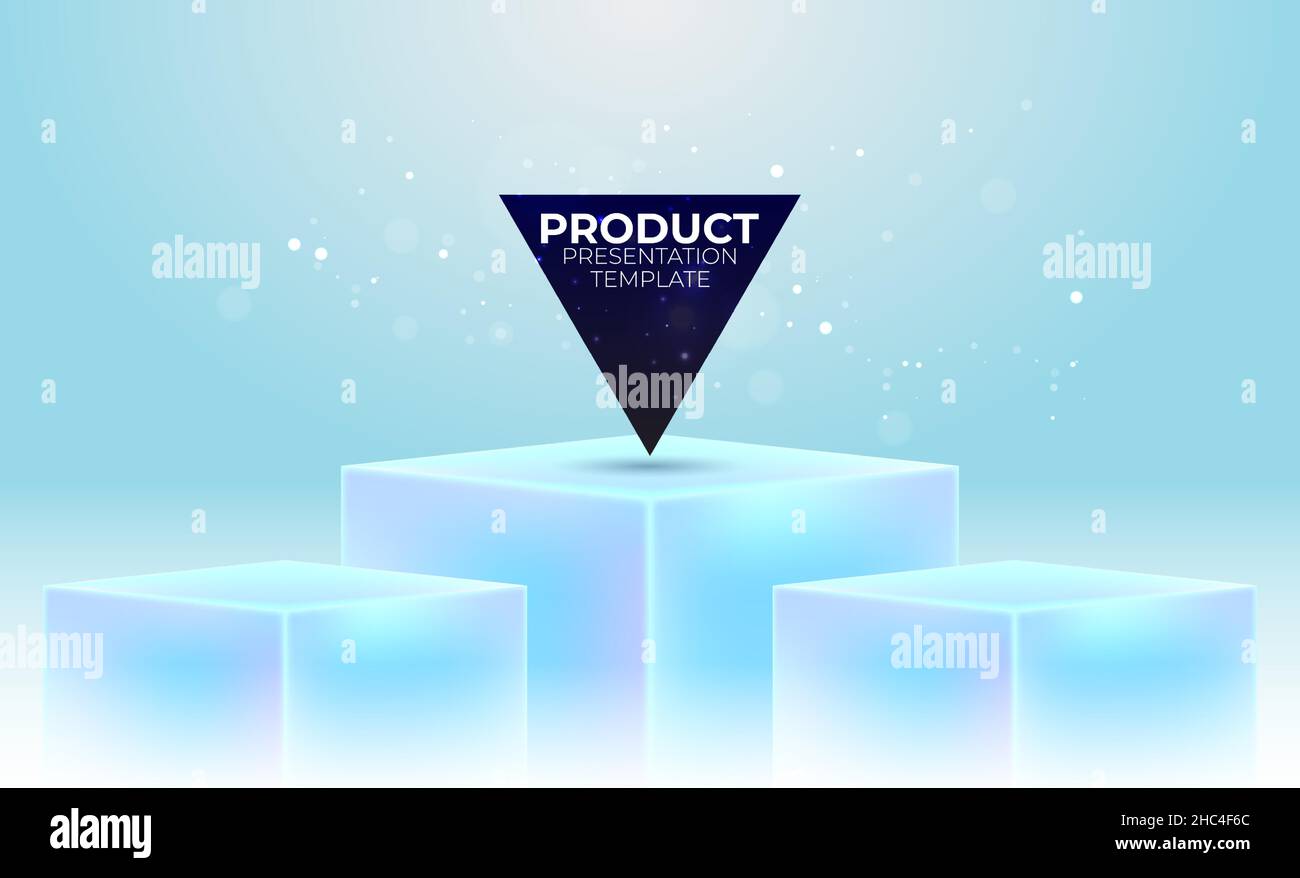 Three box stand for product display. Empty light blue podium or ...