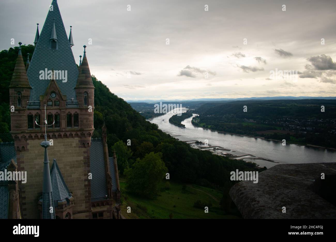 Drachenburg Castle in Bonn, Germany with downtown city and shipping ...