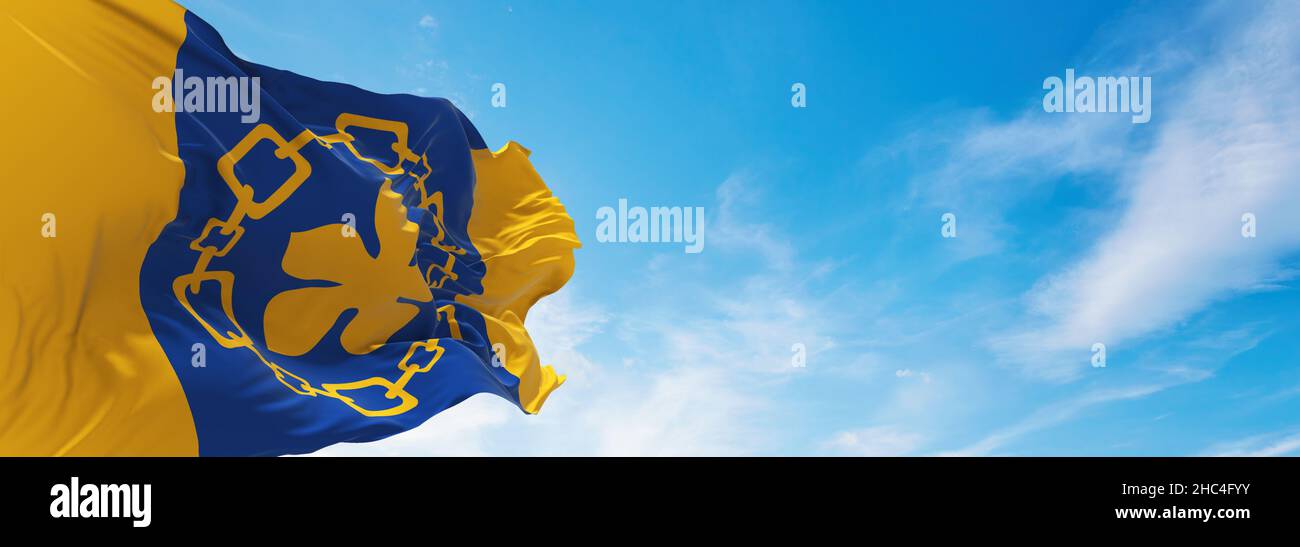 flag of Hamilton , Canada at cloudy sky background on sunset, panoramic ...