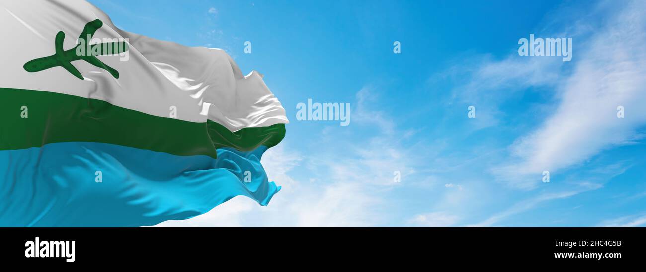 flag of Labrador , Canada at cloudy sky background on sunset, panoramic ...