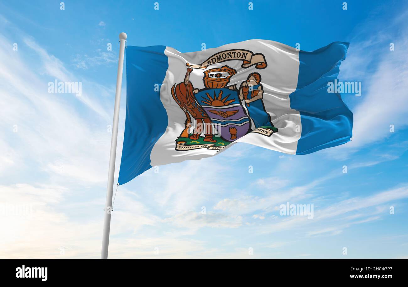 flag of Edmonton , Canada at cloudy sky background on sunset, panoramic ...