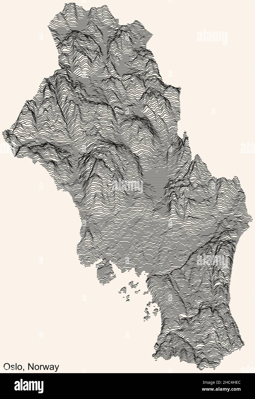 Topographic relief map of the city of Oslo, Norway with black contour ...