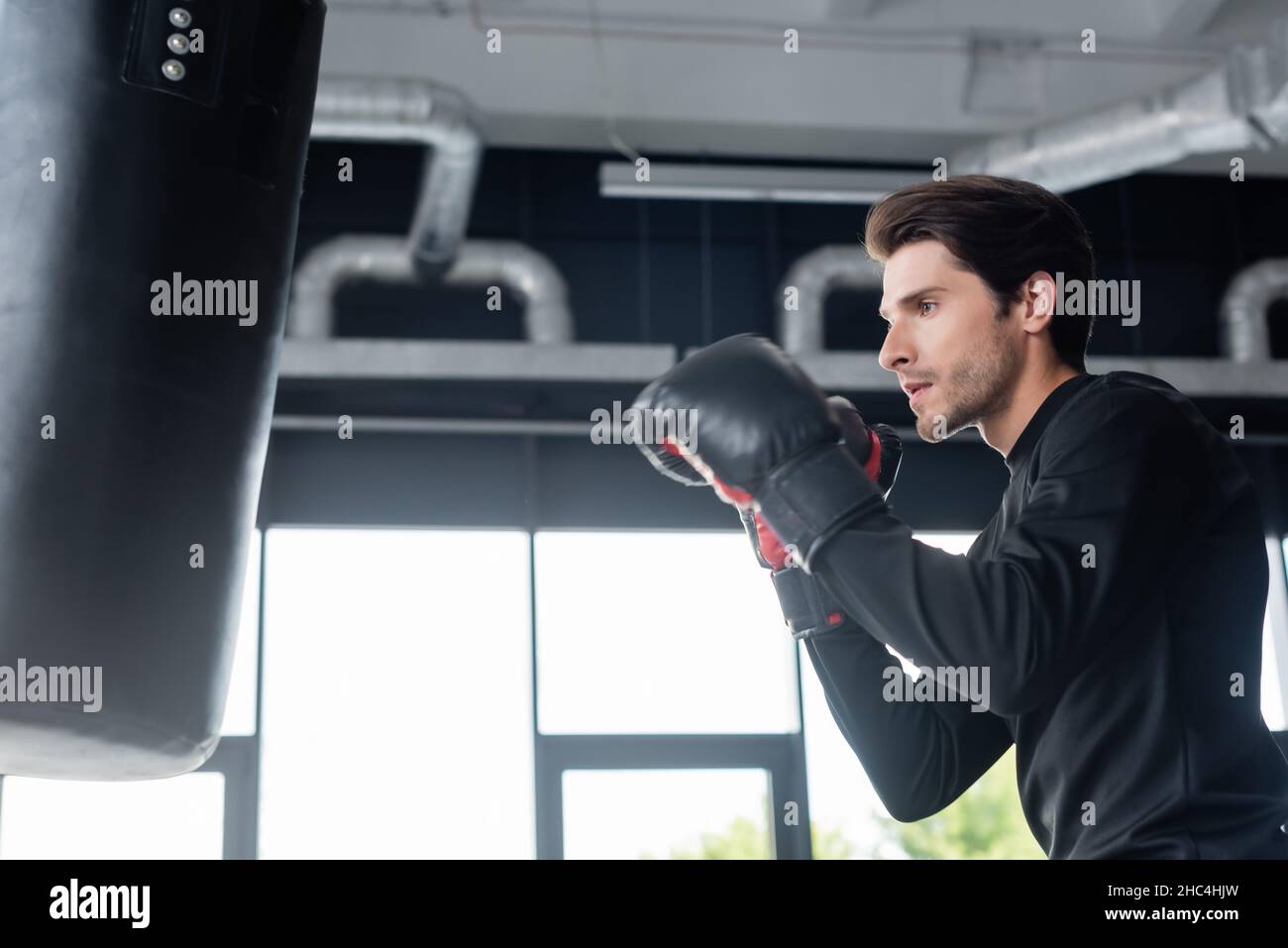 Side view of sportsman in boxing gloves looking at blurred punching bag ...