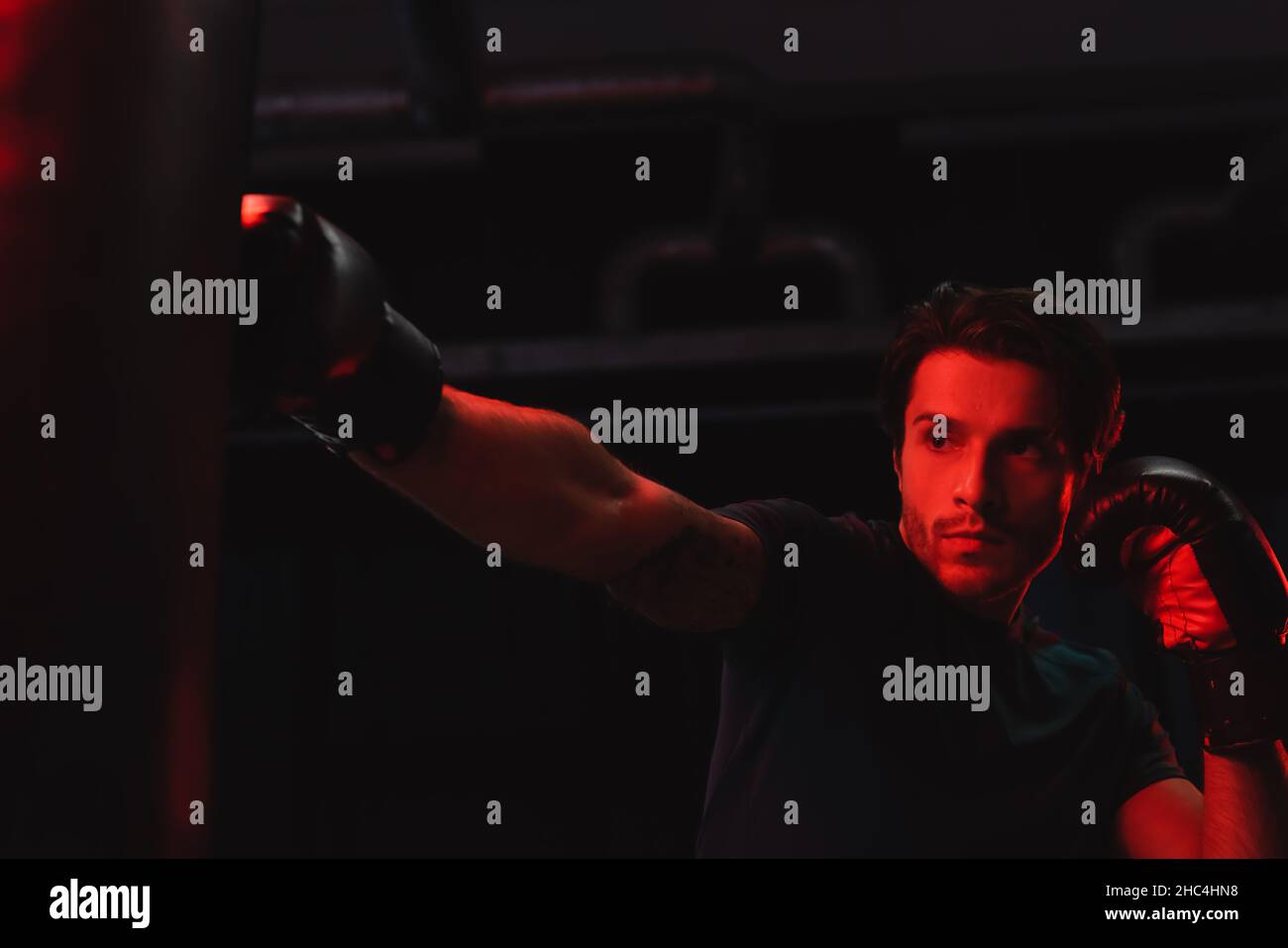 Sportsman in boxing gloves training with punching bag on black ...