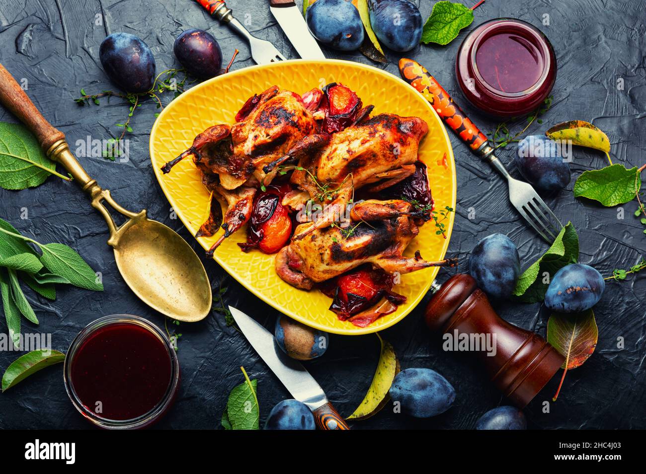 Juicy stewed quail, dietary meat. Fried quail pickled in plum Stock ...