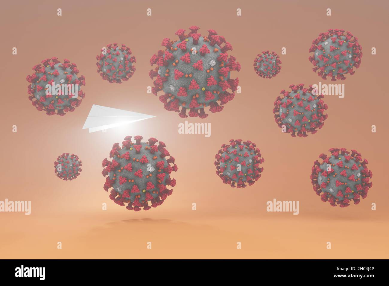 Coronavirus travel restrictions, paper aeroplane and covid cells. 3D ...