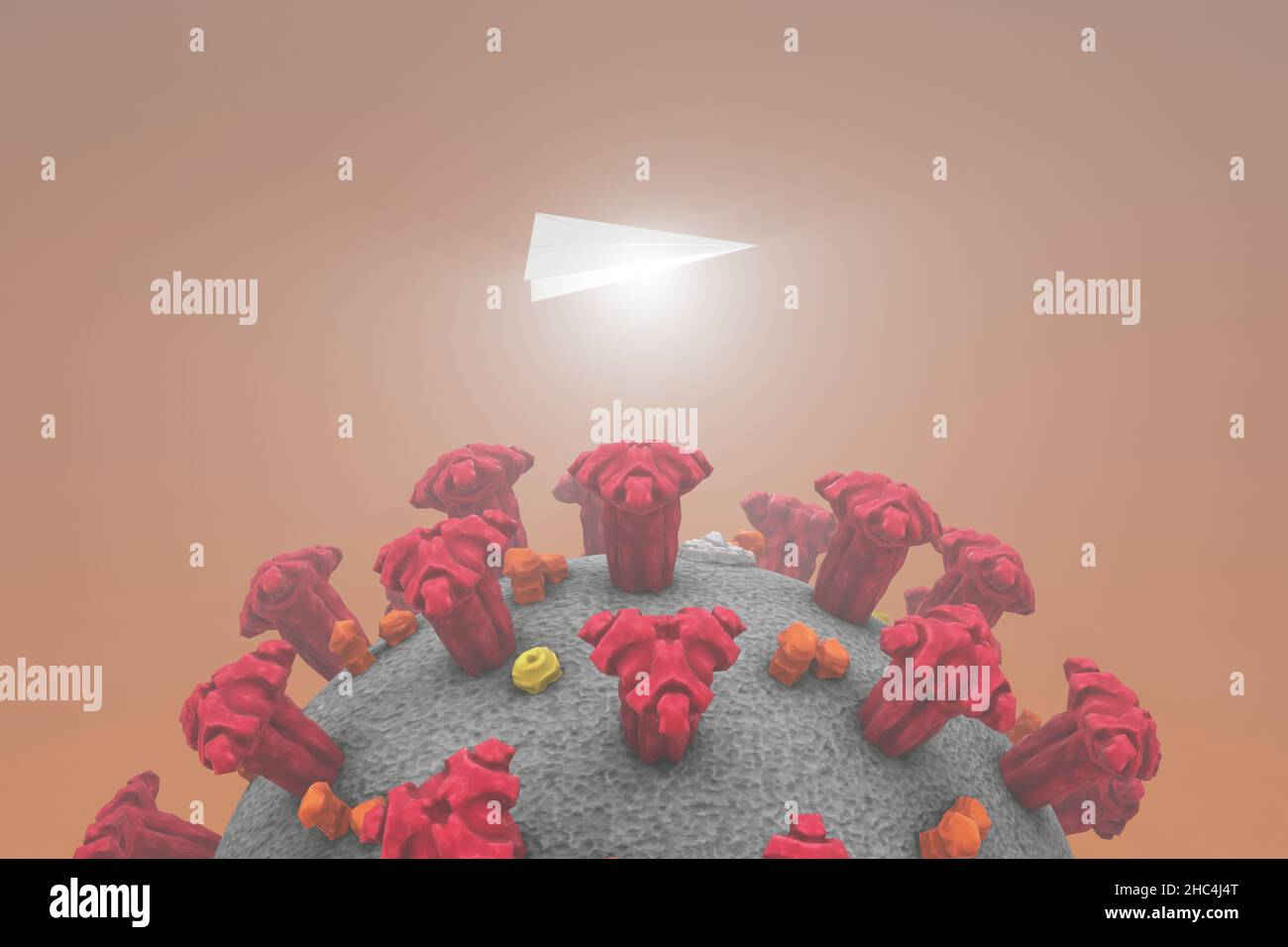 Coronavirus travel restrictions, paper aeroplane and covid cells. 3D ...