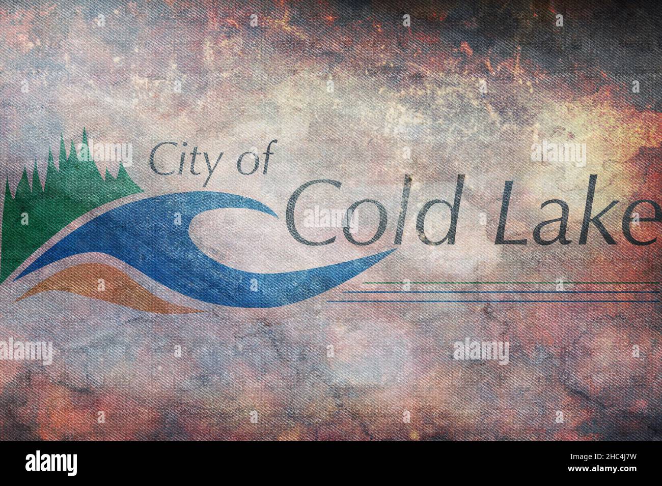 Top view of retro flag of Cold Lake, Alberta, Canada with grunge ...