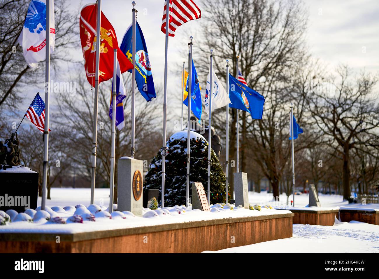Different flags on a snowy landscape Stock Photo - Alamy