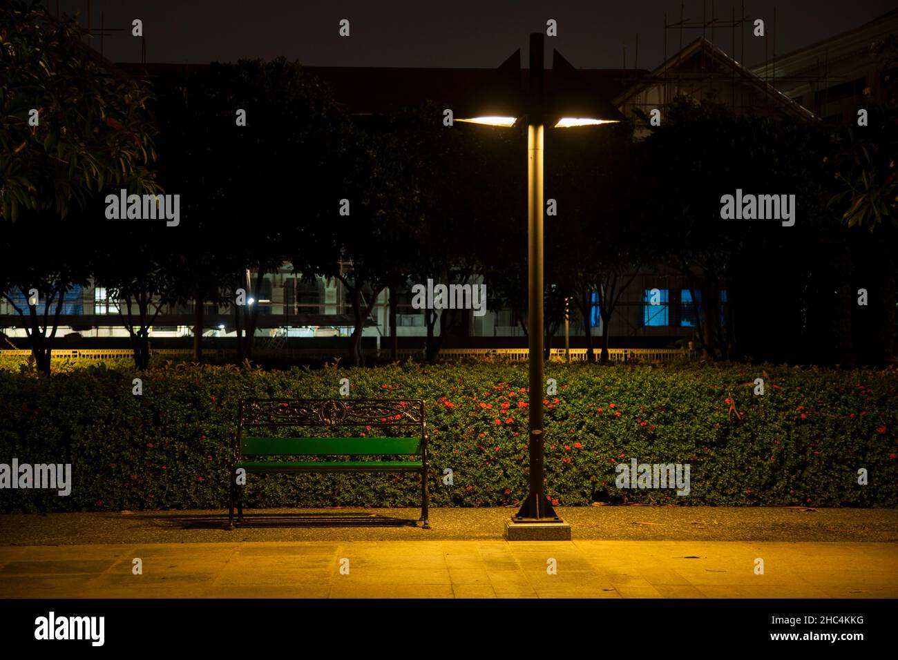 Bench under lamp In a park during the night Stock Photo - Alamy