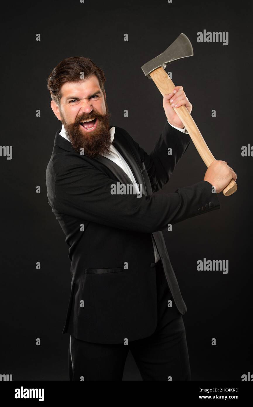 Threatening and angry screaming. Angry guy scream threaten with axe ...