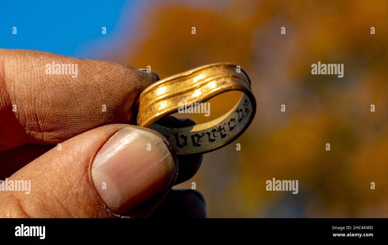Closeup shot of iron age fibula, intact, bronze Stock Photo - Alamy