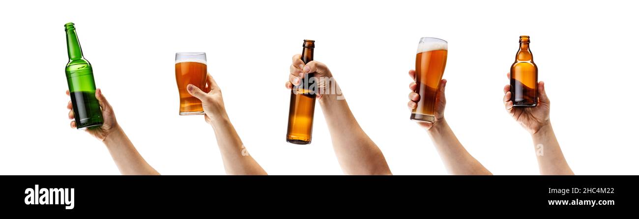 Collage of male hands holding different alcohol glasses and bottles ...