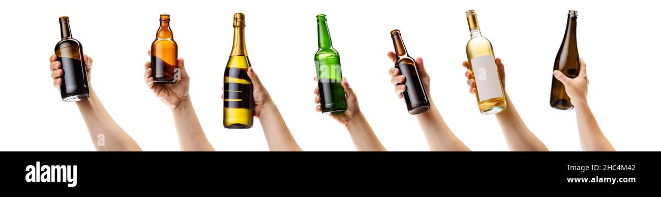 Collage of many hands holding various alcohol bottles isolated over ...