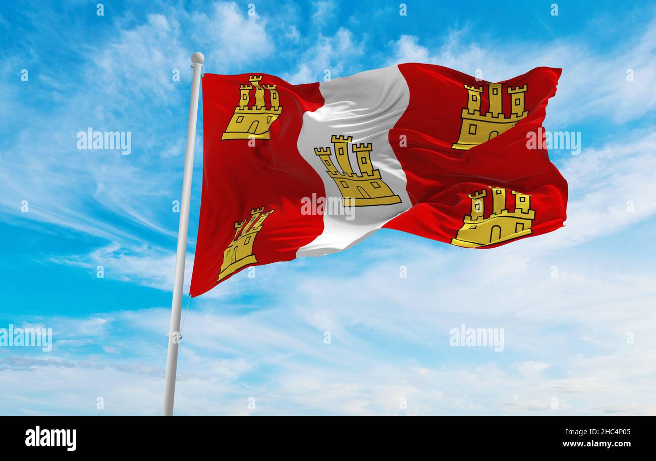 flag of department of Vienne, France at cloudy sky background on sunset ...