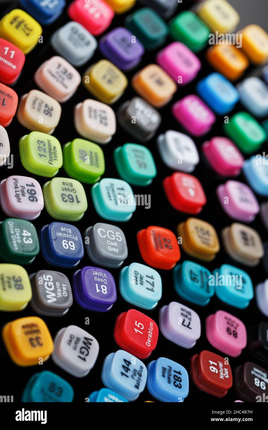 Professional markers for sketching close-ups of different colors. Full ...