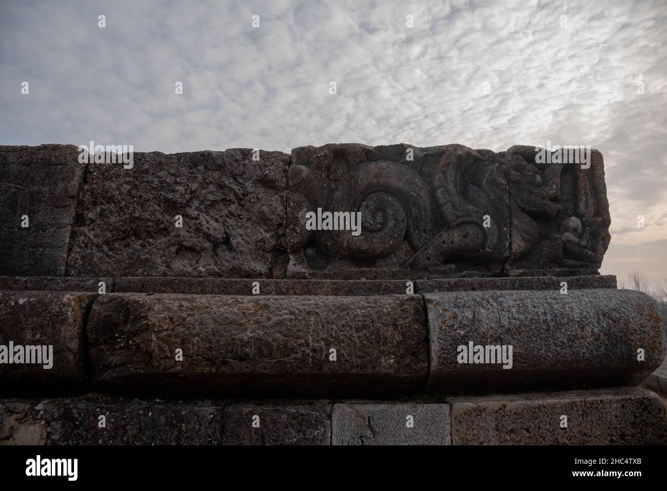 Designs of dragon seen carved on a stone in the remains of Parihaspora ...