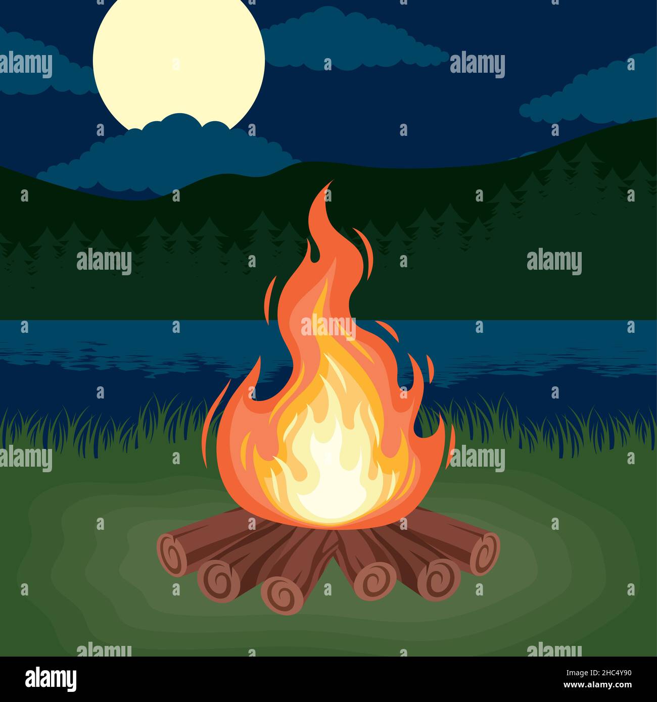 campfire in night landscape scene Stock Vector Image & Art - Alamy