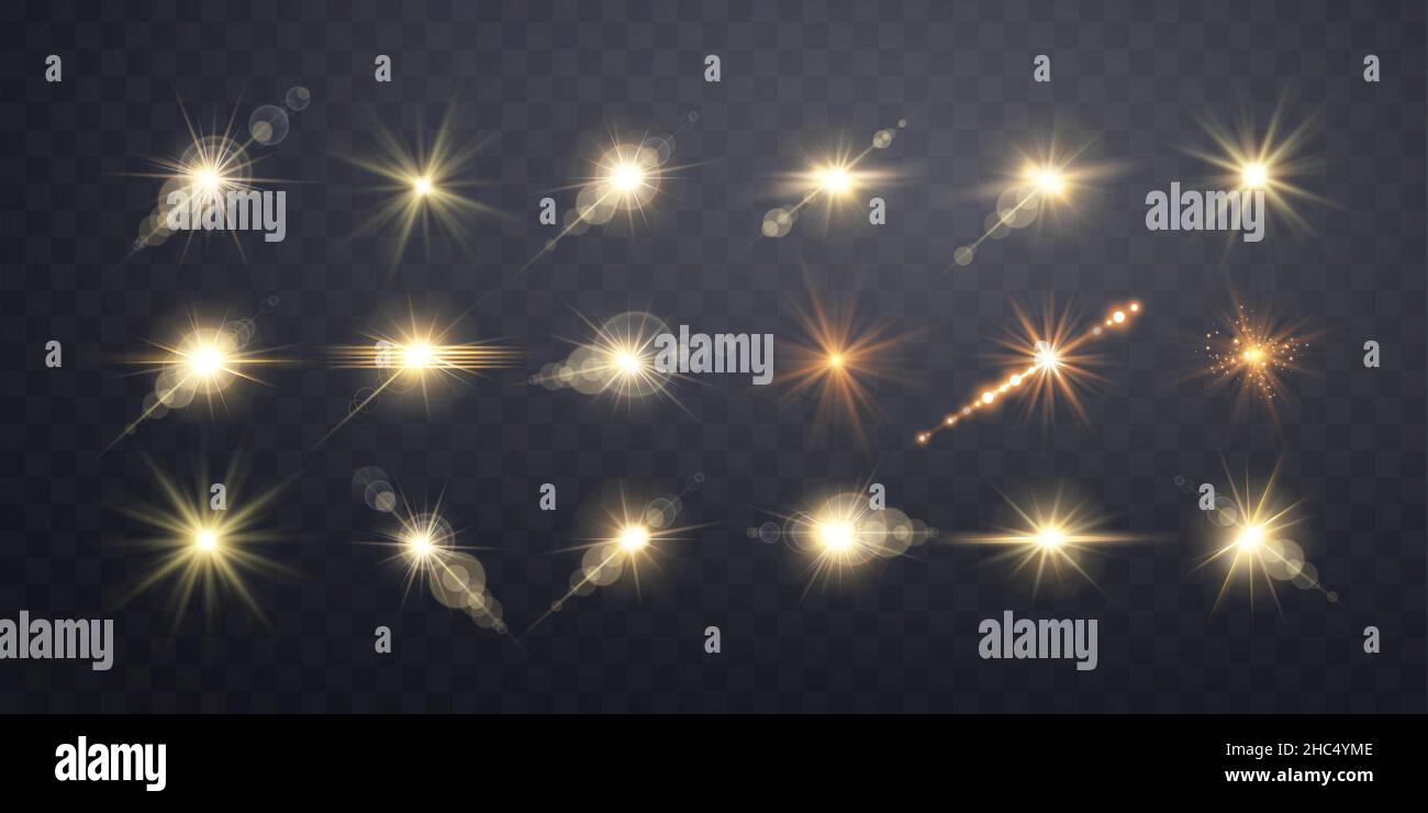 Gold lens flares set. Isolated on transparent background. Sun flash ...