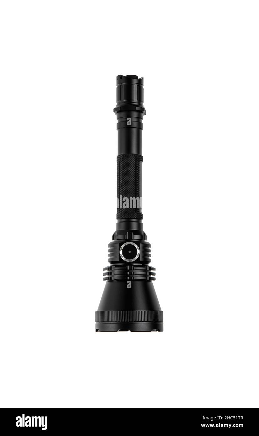 Modern metal LED flashlight. Portable lighting device. Isolate on a ...