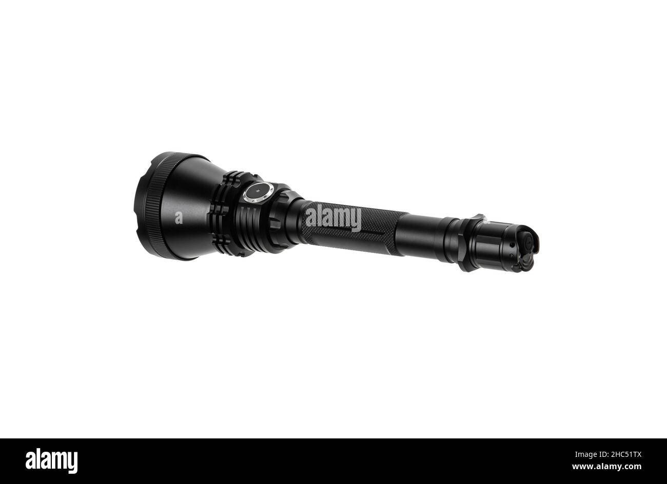 Modern metal LED flashlight. Portable lighting device. Isolate on a ...