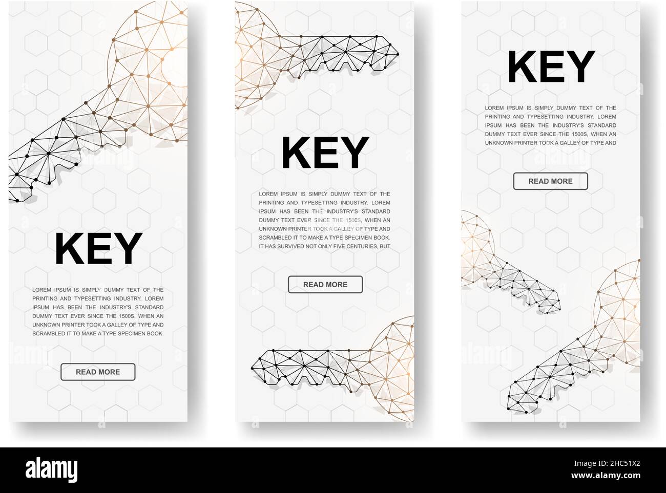 Set of three Key polygonal vertical banners. 3d Key low poly symbols ...