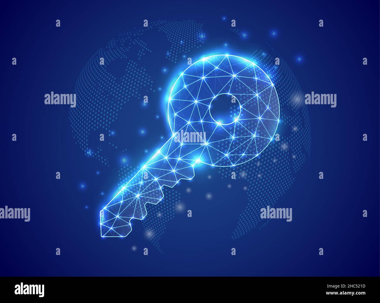 3d Key low poly symbol with blue world map background. Security concept design vector ...