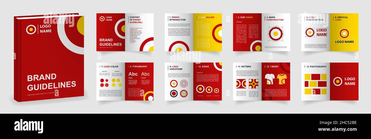 Red Brand Guidelines template. Brand Manual presentation in A4 size. Logo Guideline mockup. Logo ...