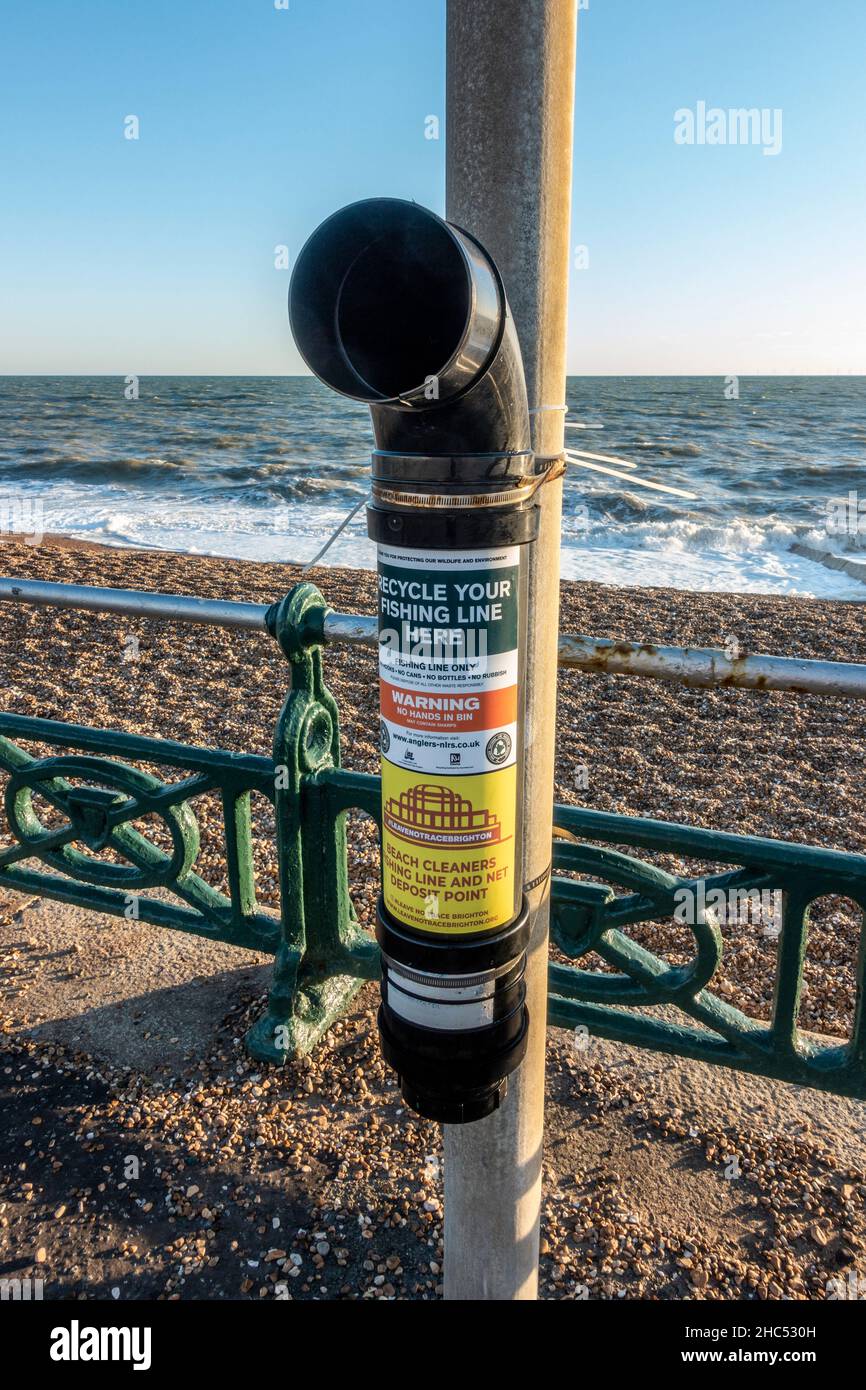 Recycle bin for fishing line on the seafront above Brighton beach ...