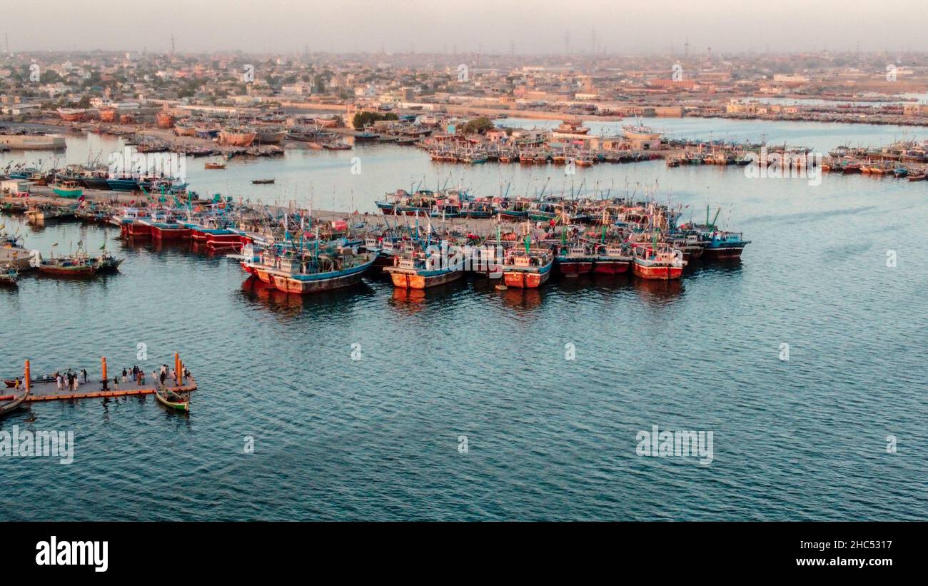 Aerial view of the sea and a harbor with boats, Karachi coast, Pakistan ...