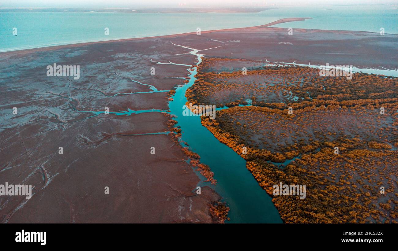 Aerial view of a beautiful landscape and the sea, Karachi coast ...
