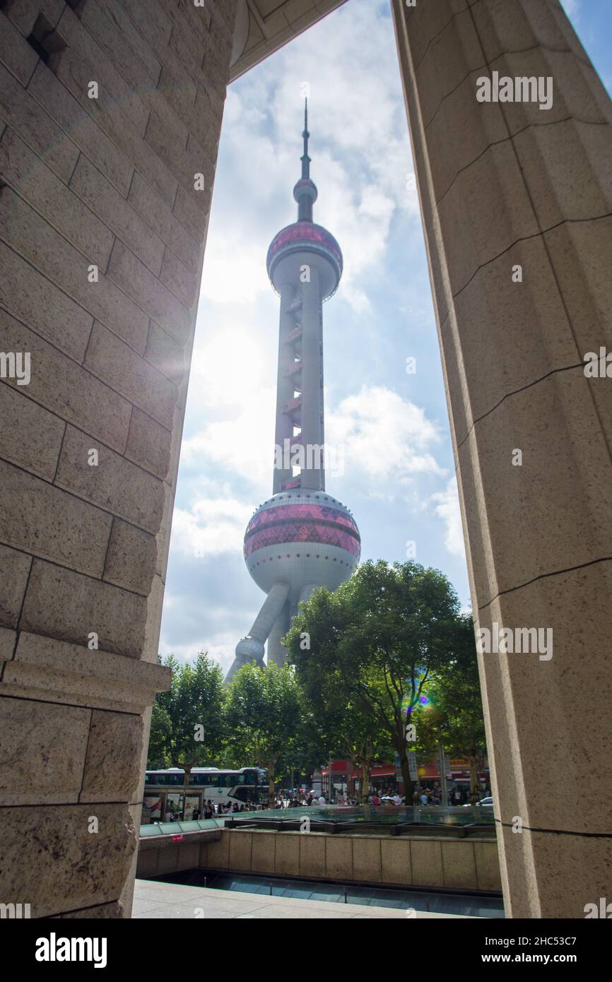 Shanghai, China - June 23 2018 : Oriental Pearl Tower seen between the ...