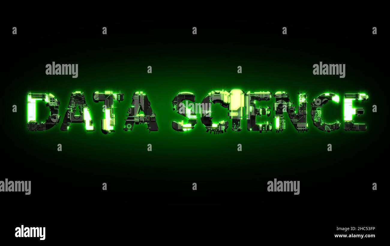 Data Science glowing dark green cyber text on black, isolated ...