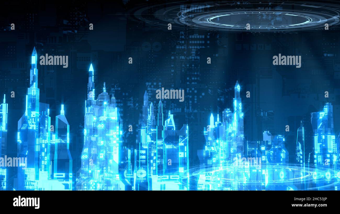 technological blue metaverse background with empty space on left ...