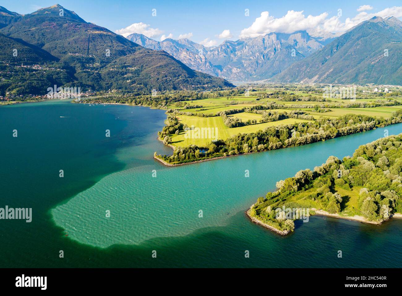 Lake Como (IT), Mouth of the river Adda in the lake, aerial view Stock ...
