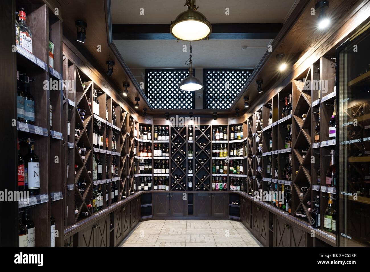 Minsk, Belarus - Dec 20, 2021: interior of a large wine cellar with ...