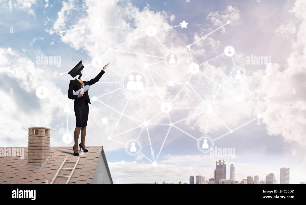 Concept of security and privacy protection with camera headed woman ...