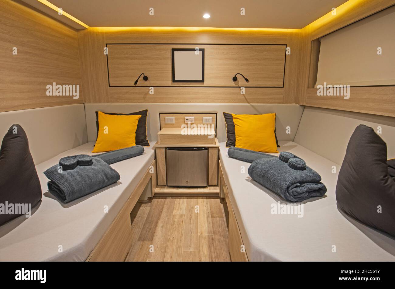 Interior of cabin bedroom on luxury sailing yacht with twin beds Stock ...
