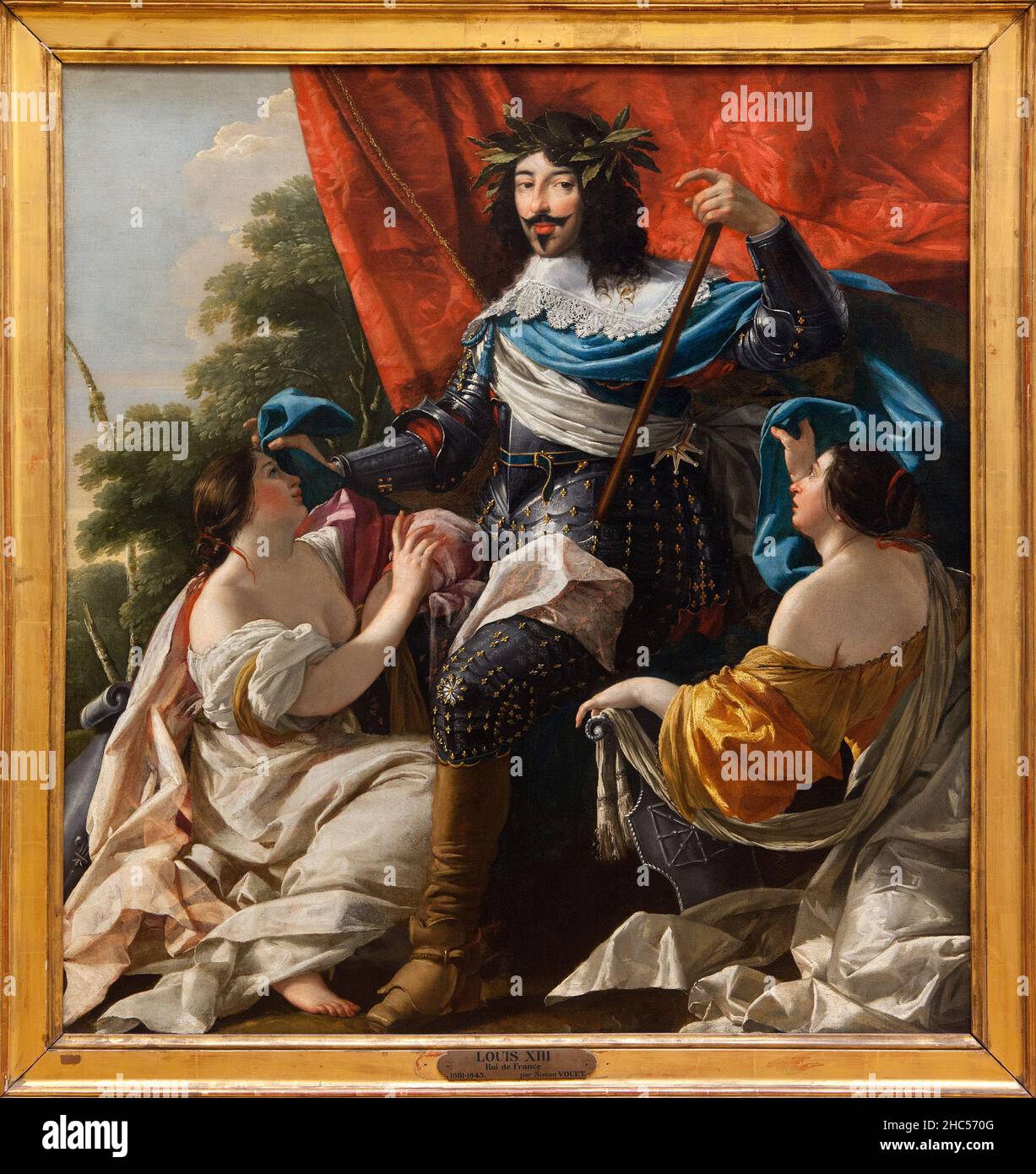 Portrait de Louis XIII entre deux figures de femmes symbolisant la ...