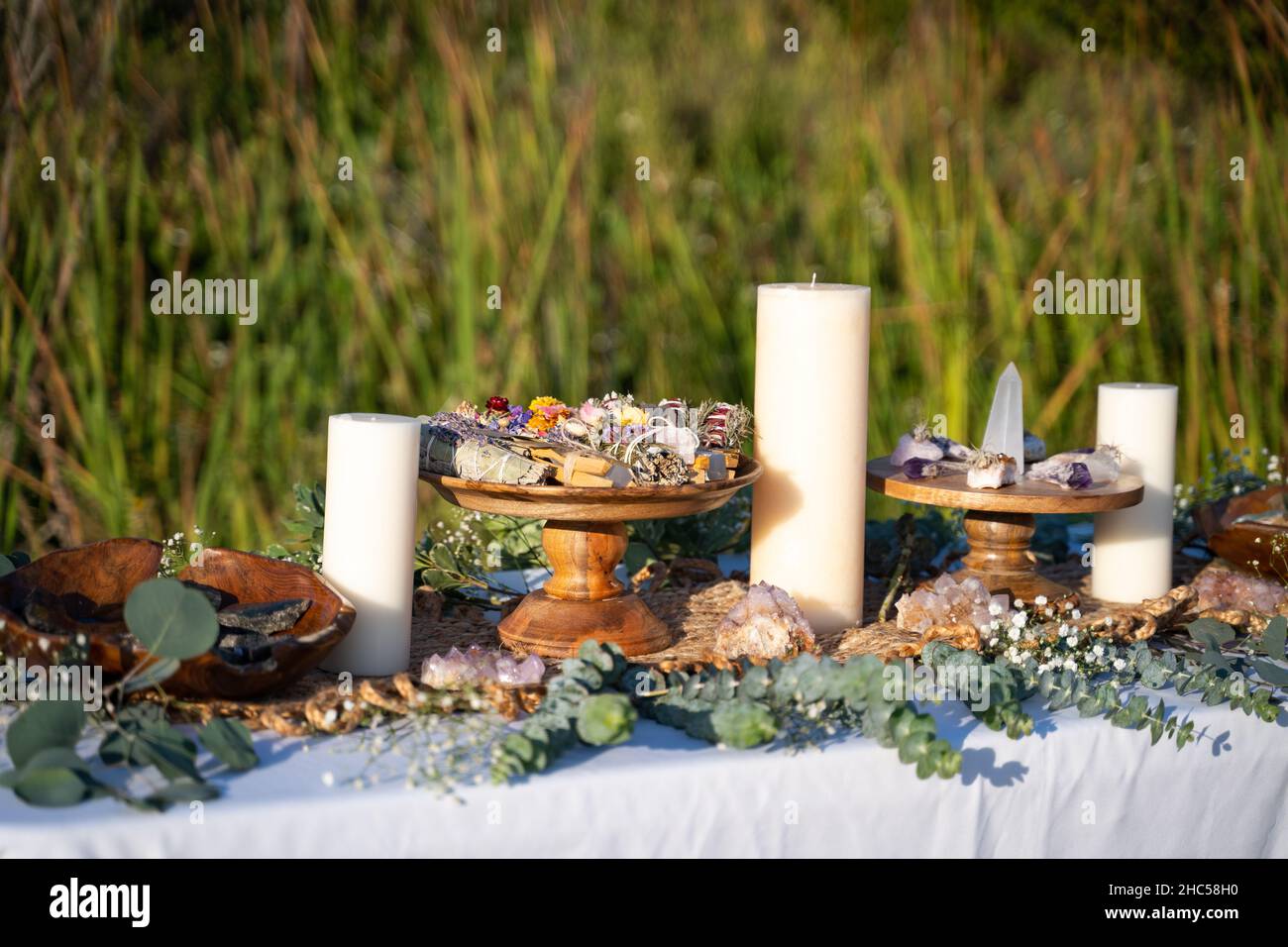 Beautifully decorated ceremonial table with mineral stones, smudging ...