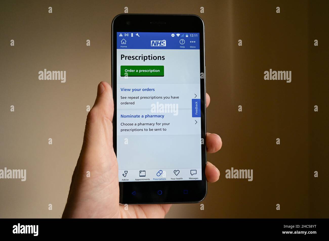 Prescriptions, order a prescription, NHS App viewed on a mobile phone ...